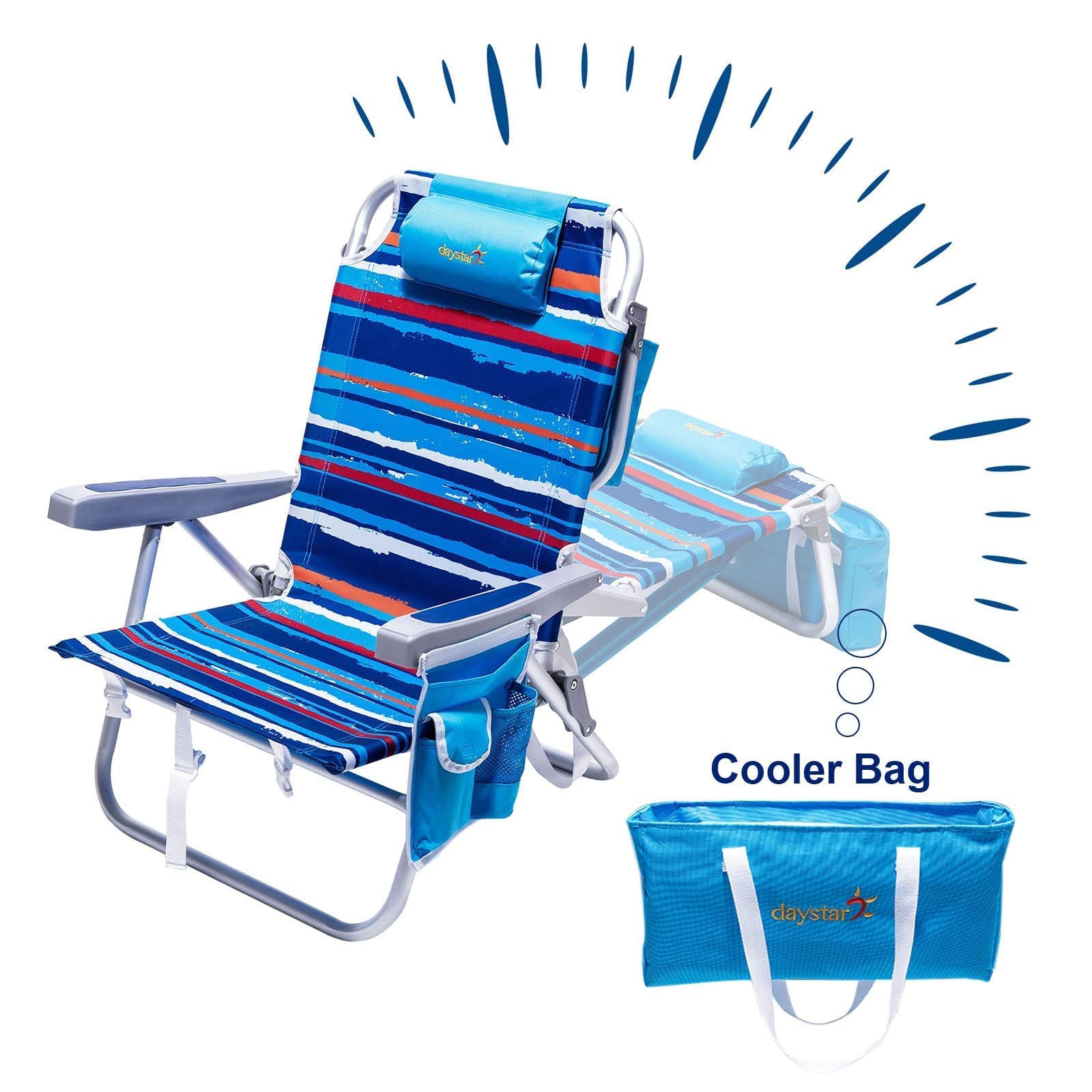 SUNNYFEEL Extra Wide 28" Low Beach Chair 5 Position Lay Flat, XL Oversized Portable Folding Camping Chairs with Cup Holder for Outdoor/Trip, Lightweight Foldable Backpack Beach Chair for Adults
