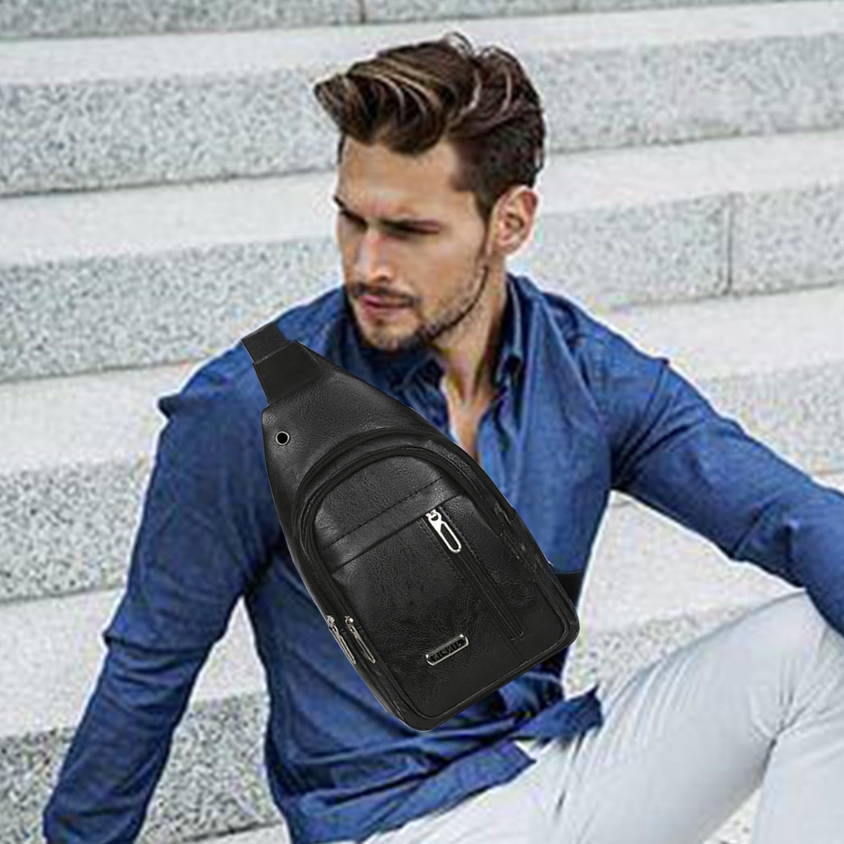 Str𝘢p B𝘢g Crossb𝘰dy Backpack With USB Hole With Headphone Hole Shoulder Str𝘢p Backpack Hiking Backpack Ch𝘦st Bag (Black-7)