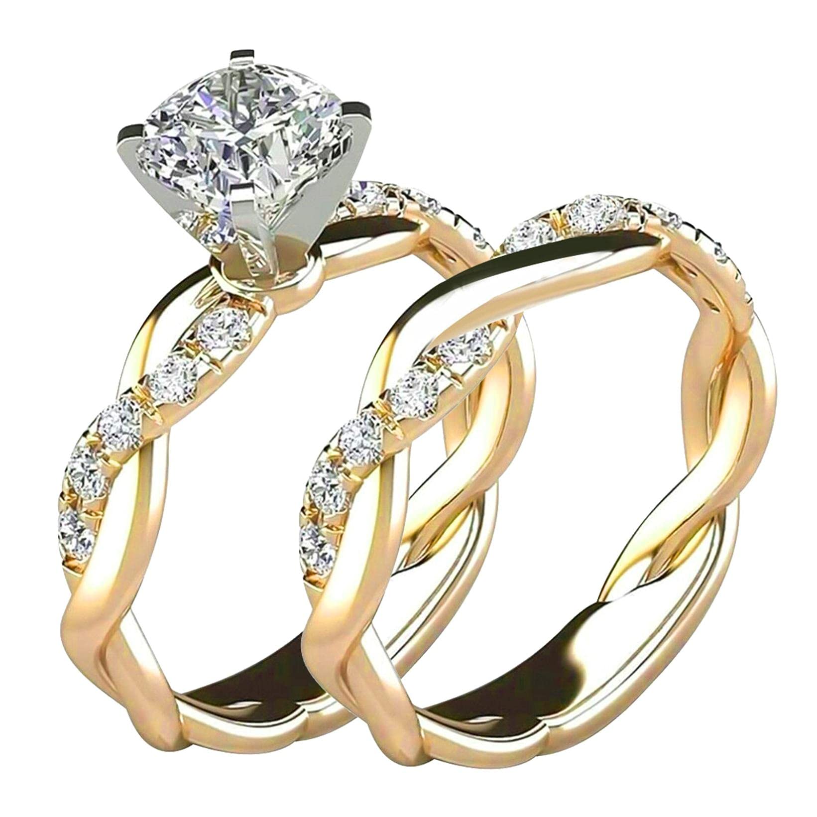 TT&Louis 2PC Ladies Luxury Diamond Ring Set, Bridal Wedding Jewelry Exquisite Zircon Ring (Gold, 8)