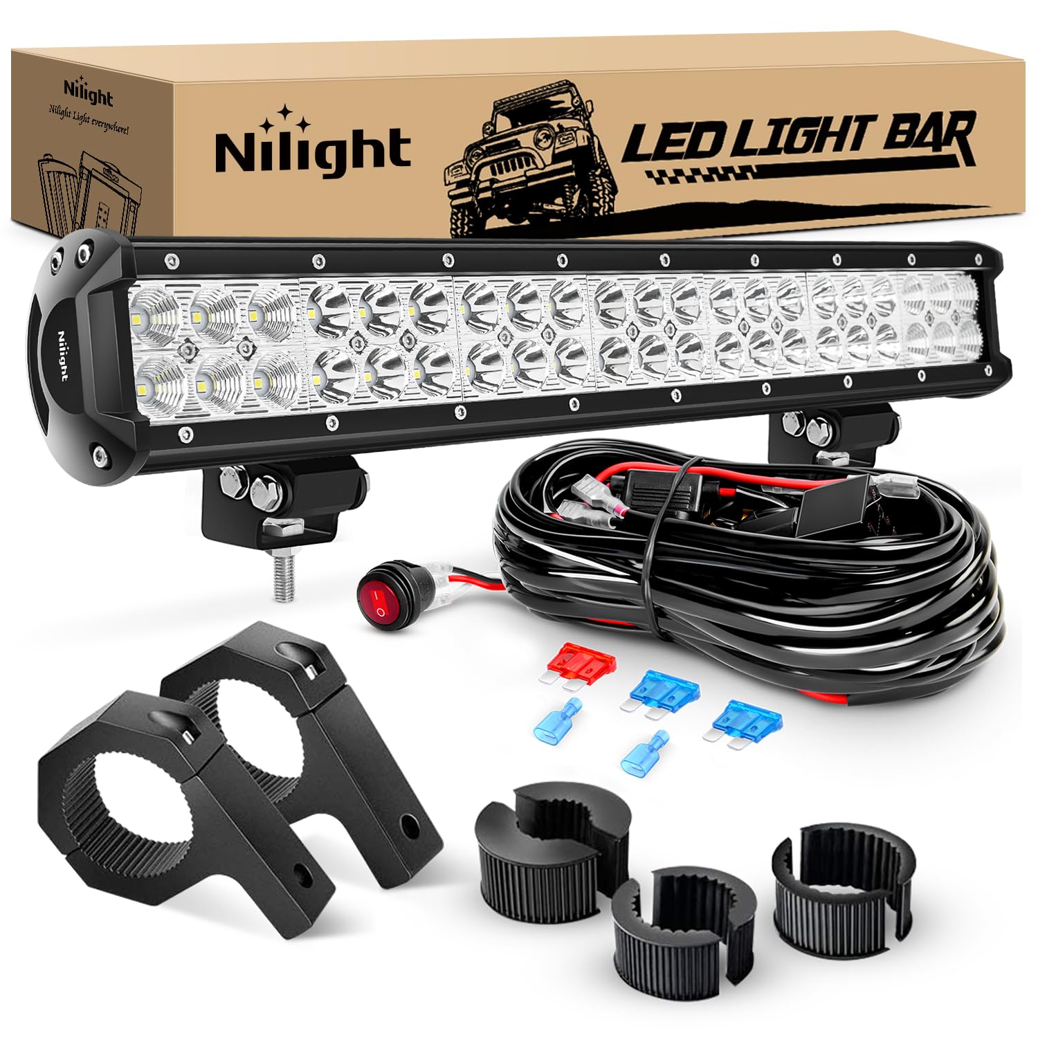 Nilight 20 Inch 126W Spot Flood Combo LED Light Bars Off-Road Light Mounting Bracket Horizontal Bar Tube Clamp with Off Road Wiring Harness, 2 Years Warranty, White