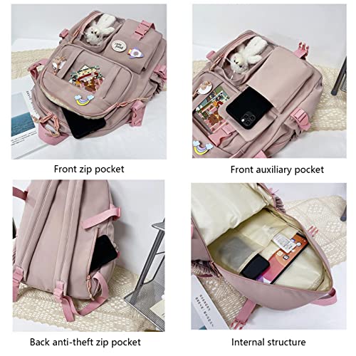Votachin Kawaii Backpack Large Capacity Aesthetic Backpack Cute Casual Backpack with Decorative Pendant Kawaii Laptop Bag-beige