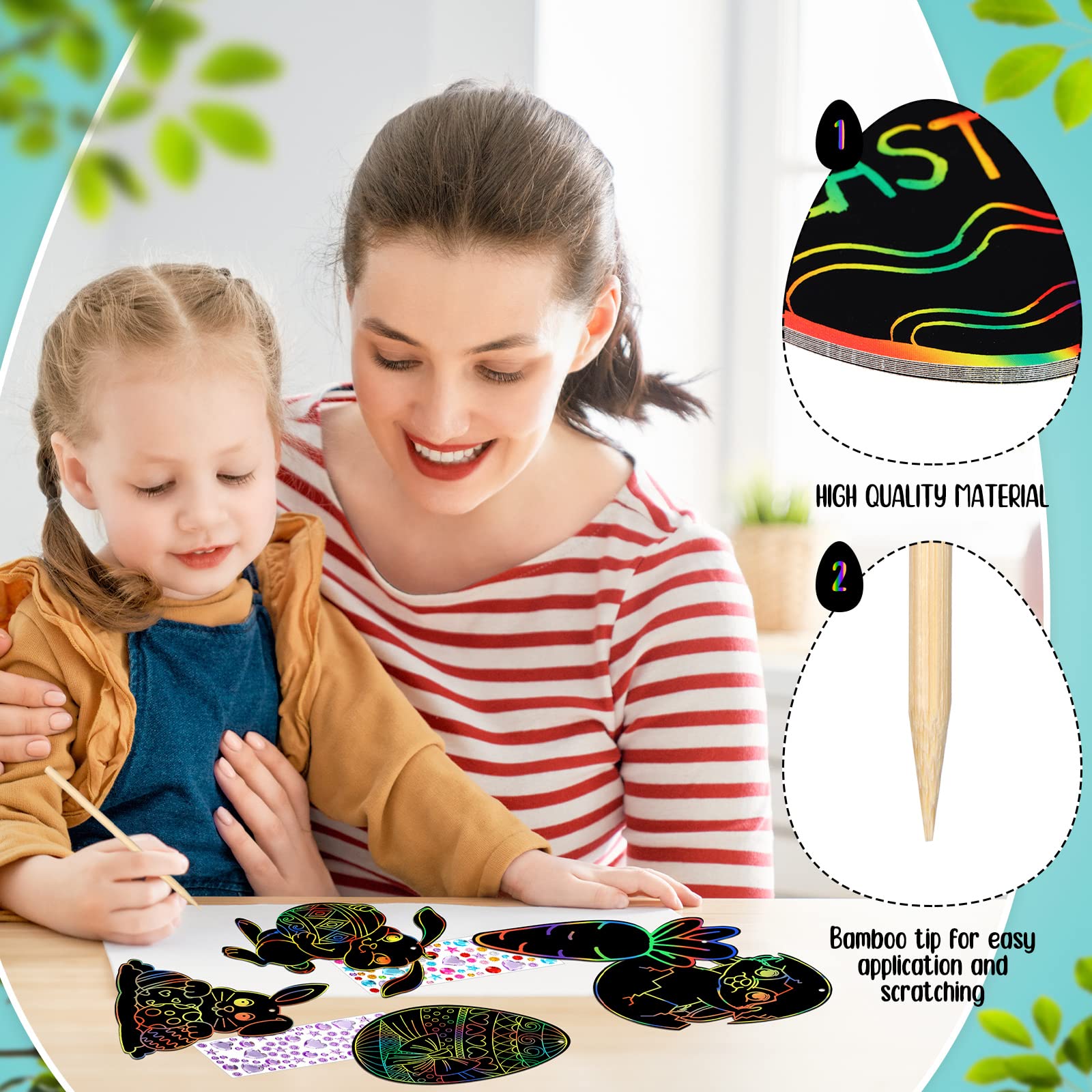 Yexiya 120 Pcs DIY Easter Craft Kits for Kids Scratch Paper Easter Ornaments Rainbow Easter Egg Scratching Tools Easter DIY Art Decoration with Gem Stickers Rhinestones for Home Classroom Easter