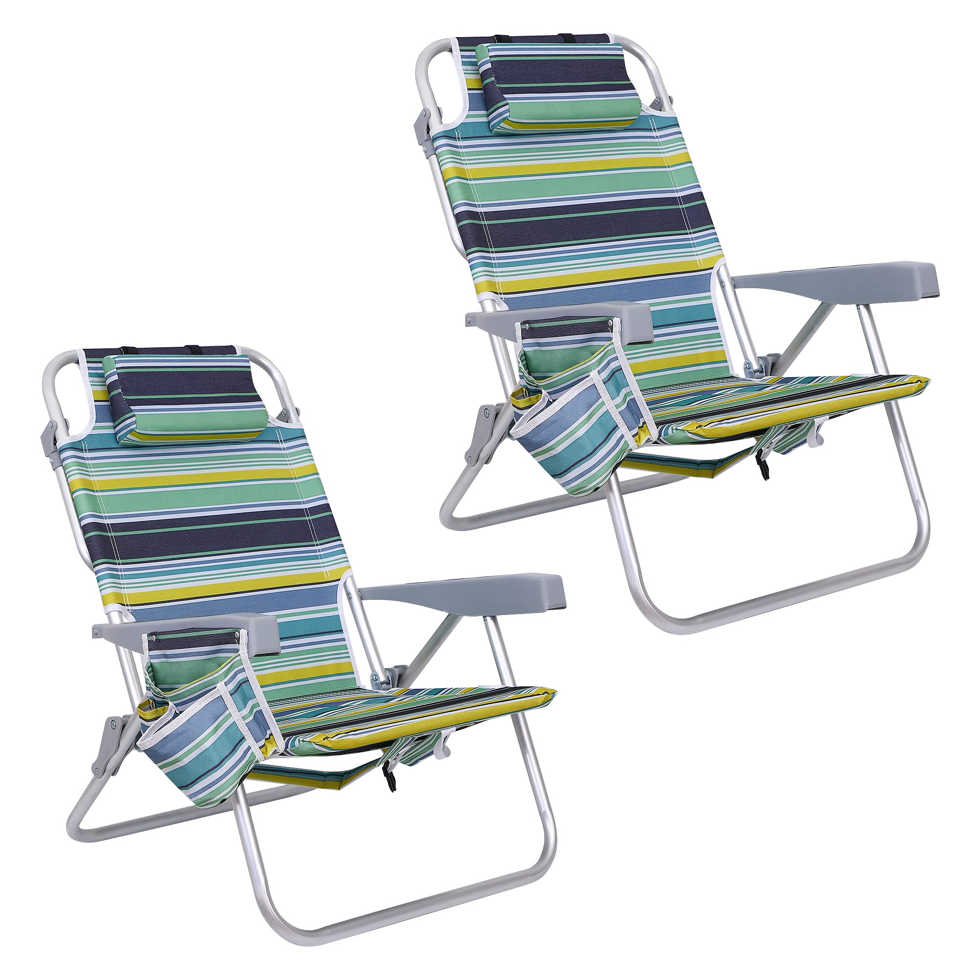 WGOS Folding Backpack Beach Chair, Beach Chairs with Backpack Straps, High Boy Big Boy Beach Chairs, 5-Position Reclining w/Cooler Bag, Headrest, Armrest, Storage Pouch and Cup Holder (2-Pack)