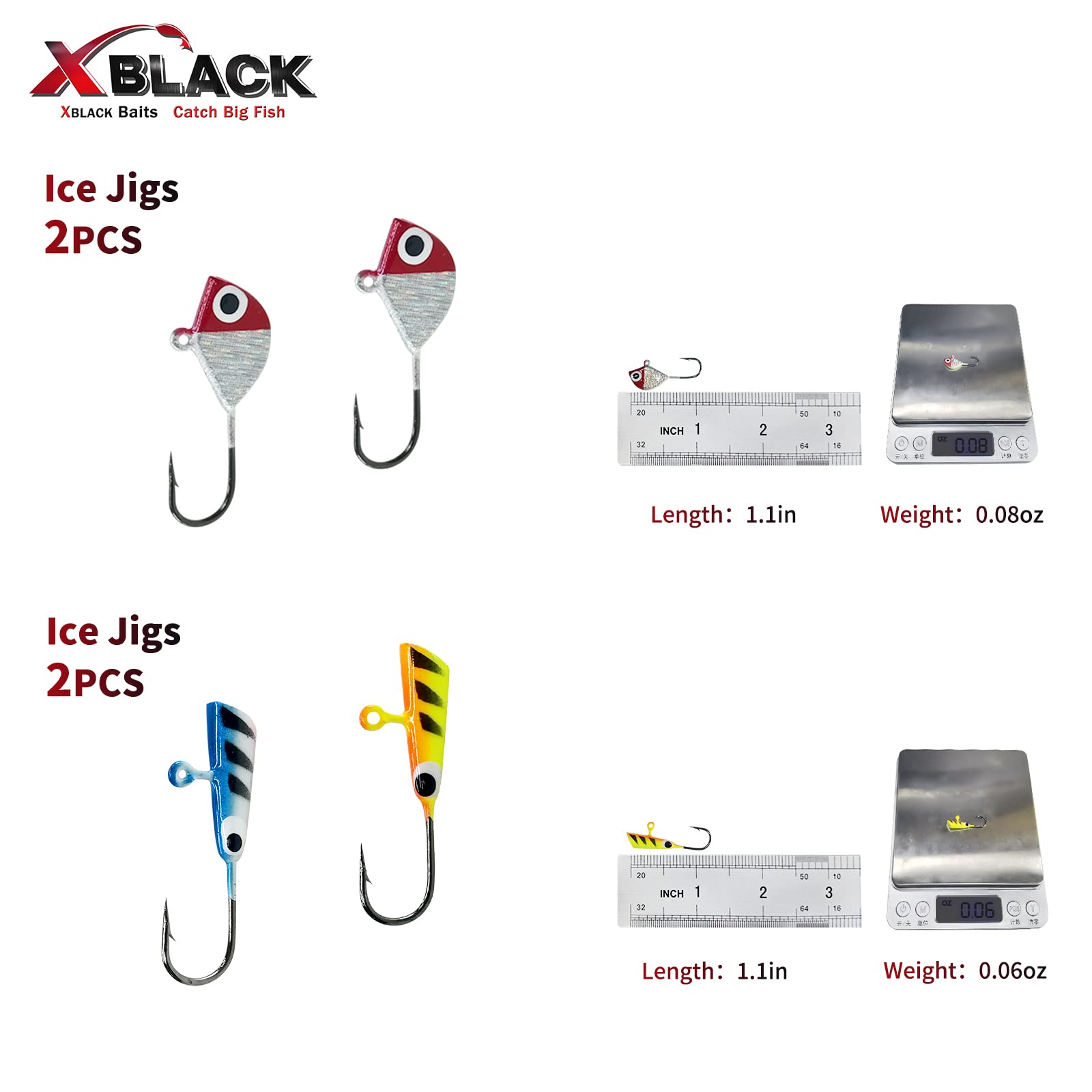 XBLACK Ice Fishing Jigs Kit Ice Fishing Lures 55PCS for Beginner Starter, XBLACK Baits, Catch Big Fish!