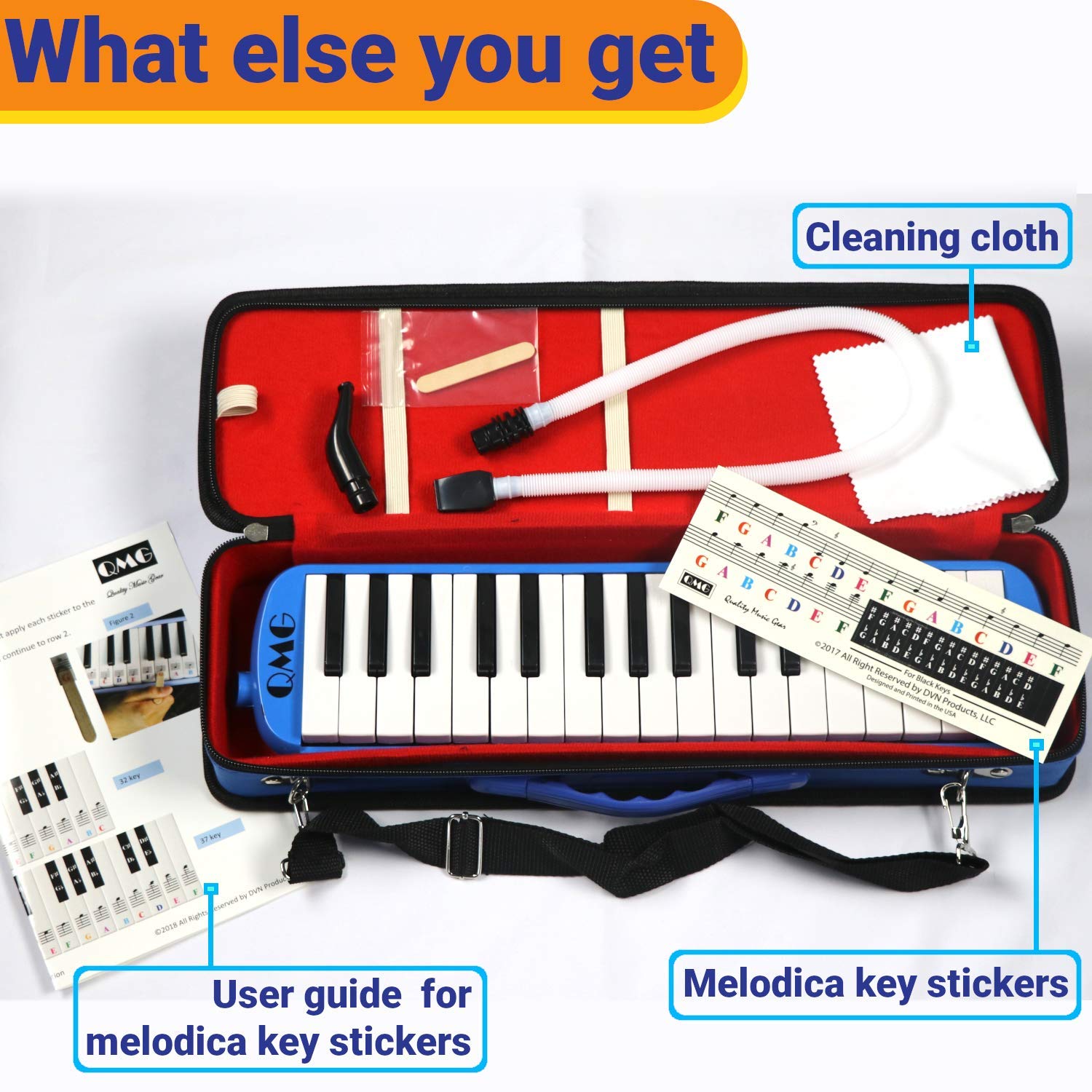 QMG Melodica 32 Keys with Piano Stickers, Hard Cover Carrying Case, Mouthpiece