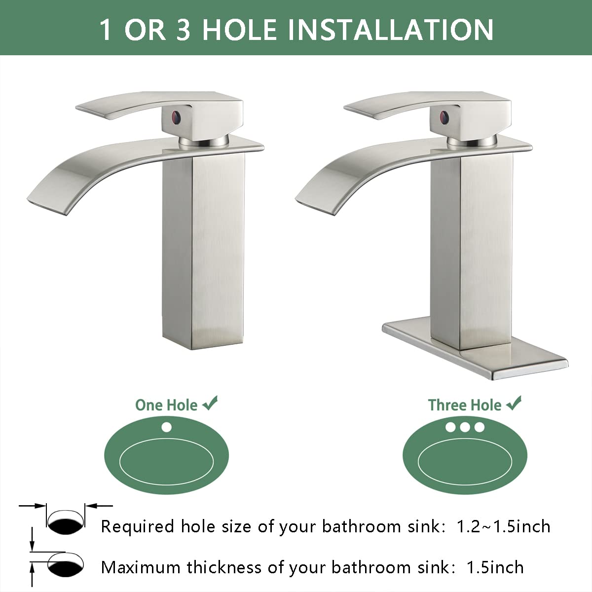 VOTON Waterfall Spout Single Handle Bathroom Faucet Brushed Nickel Commercial Modern Lavatory Tap with Pop-up Drain