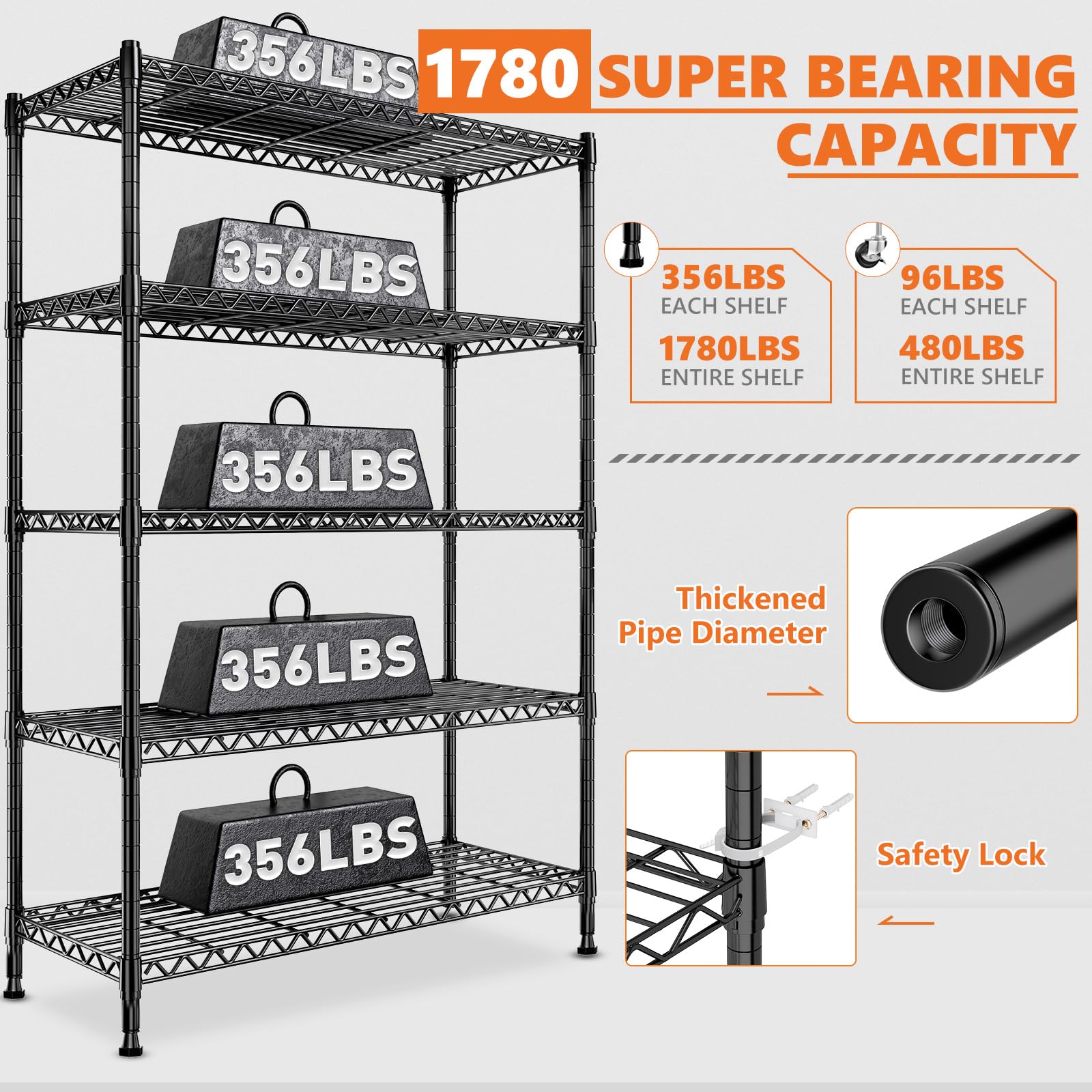 REIBII 73''H Storage Shelves 1780LBS Wire Shelving Unit with Wheels 5 Tier Metal Shelving,Heavy Duty Metal Shelves for Storage Rack,73''HX35''WX15''D