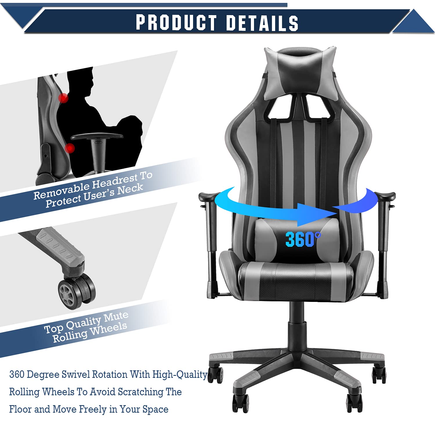 Soontrans Reclining Home Office Chair,Ergonomic Computer Chair,Executive Swivel Task Chair,Racing Gaming Chair with Adjustable Recliner Armrest Headrest and Lumbar Pillow Support (Gray)