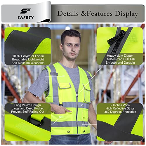 sesafety Safety Vest with 9 Pockets, High Visibility Reflective Vest, ANSI/ISEA Class 2 Type R, Yellow, M