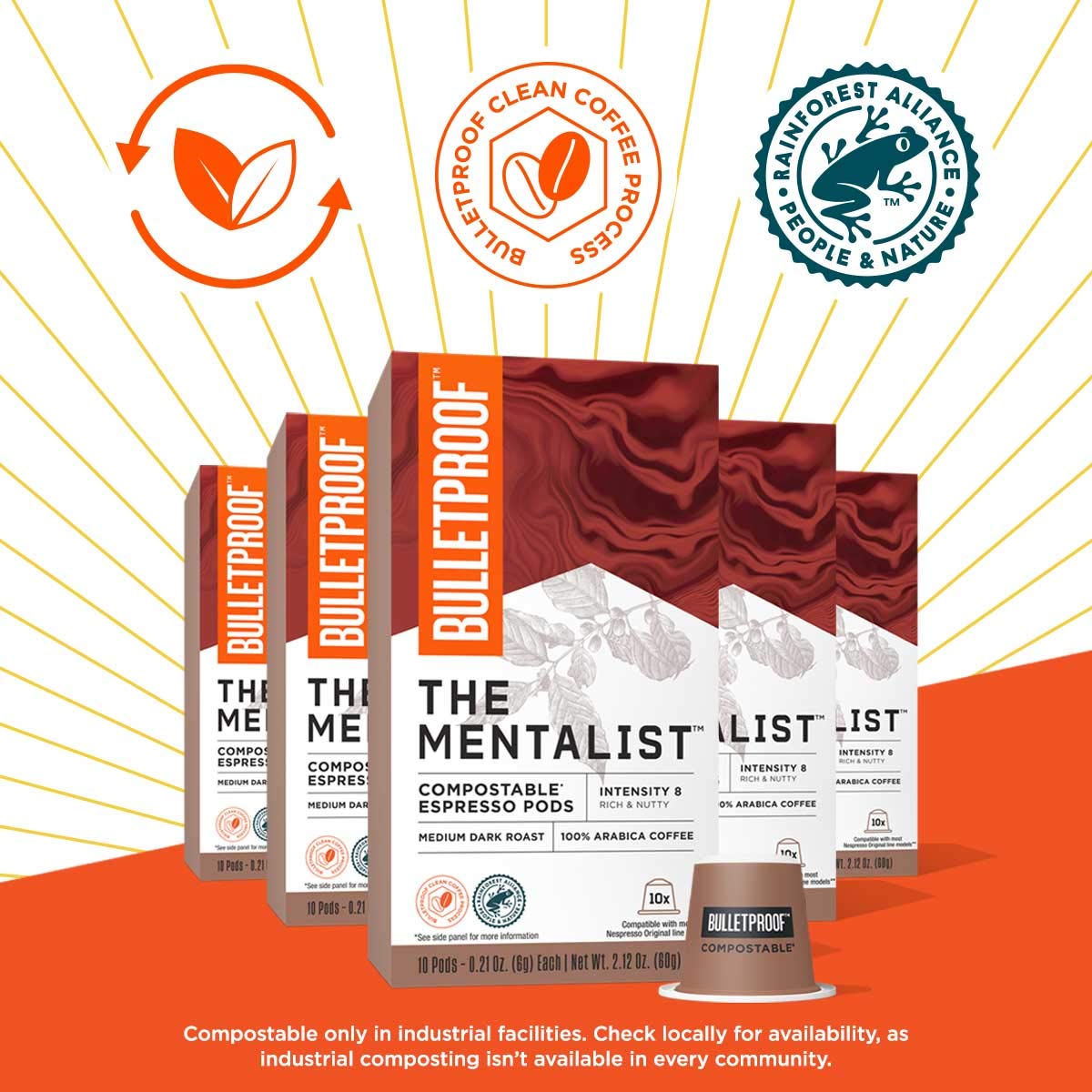 The Mentalist Compostable Espresso Pods, Medium Dark Roast Intensity 8, 50 Count, Bulletproof Coffee Capsules Compatible with Nespresso Original Line*, 100% Arabica, Certified Clean, Rainforest Alliance, Sourced from Guatemala
