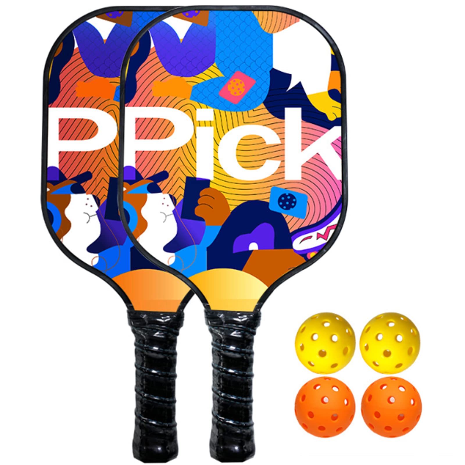Pickleball Three-Piece Set,Pickleball,Glass Carbon Fiber Pickleball,Peak Racket,2 Sets of Pickleball Rackets,Set Contains 2 Peak Racket and 4 Pickleballs,Suitable for Young Beginners (Yellow)