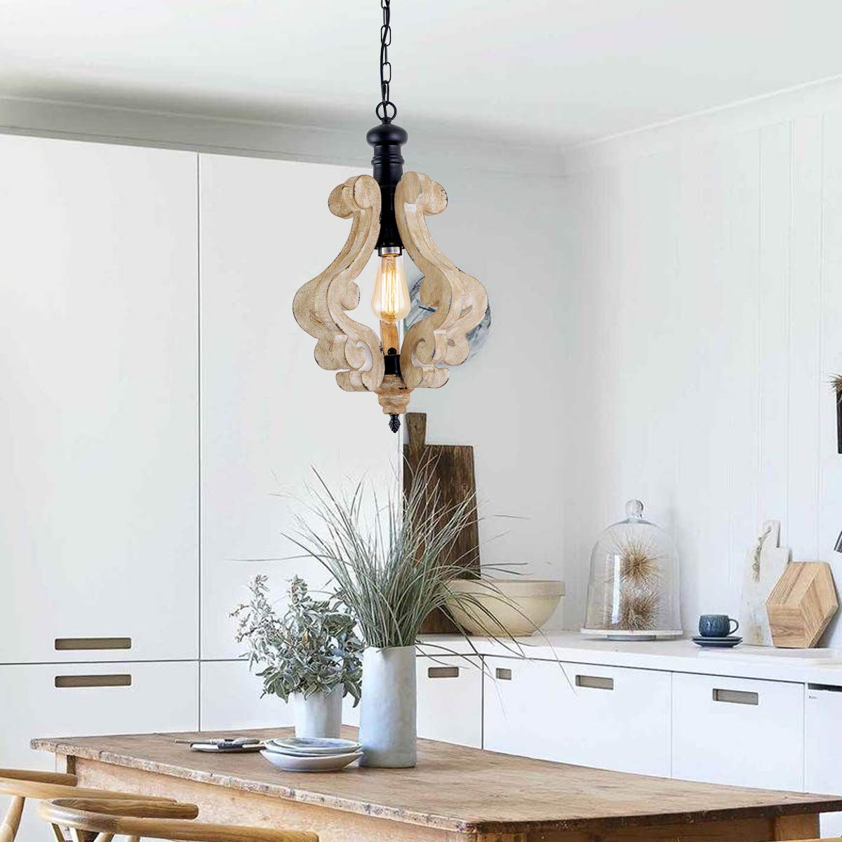 PUUPA Kitchen Light Fixtures,Farmhouse Pendant Light Single Adjustable Rustic Wooden Hanging Island Chandelier