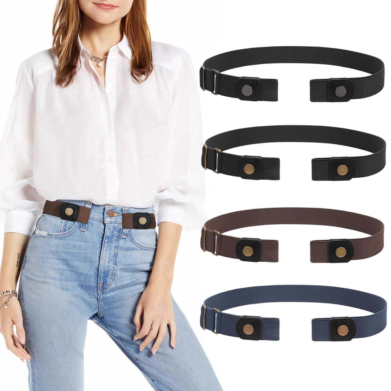 SUOSDEY 4 Pieces No Buckle Elastic Stretch Belts for Men Women, Comfortable Buckle Free Invisible Belts for Jeans Pants