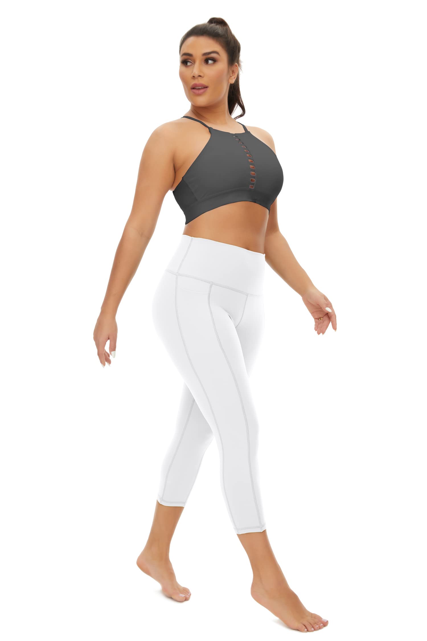 VALLFAL Capris for Women Yoga Workout Running Gym Capris Leggings with Pockets High Waist White