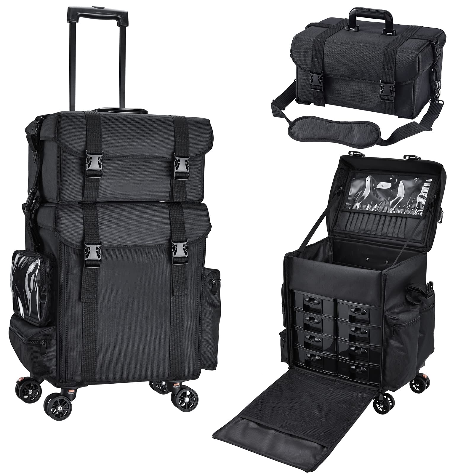 Stagiant Professional Rolling Makeup Case Soft Sided Cosmetology Organizer Wheeled Nylon Train Case Portable Travel Supply Station for Makeup Artist Nail Technician Hair Stylist Crafters