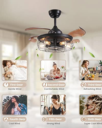 Siljoy 36” Farmhouse Ceiling Fan with Lights and Remote, Industrial Caged Retractable Ceiling Fan, 6 Wind Speeds Rustic Ceiling Fan for Patio Kitchen Bedroom Living Room, Black