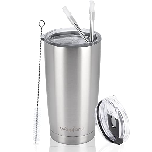Waipfaru 20 oz Tumbler, Insulated Tumblers with Lid and Straw, Double Wall Durable Travel Coffee Mug, Stainless Steel Vacuum Tumbler, Splash-Proof Powder Coated mug for Cold & Hot Drinks (Stainless)