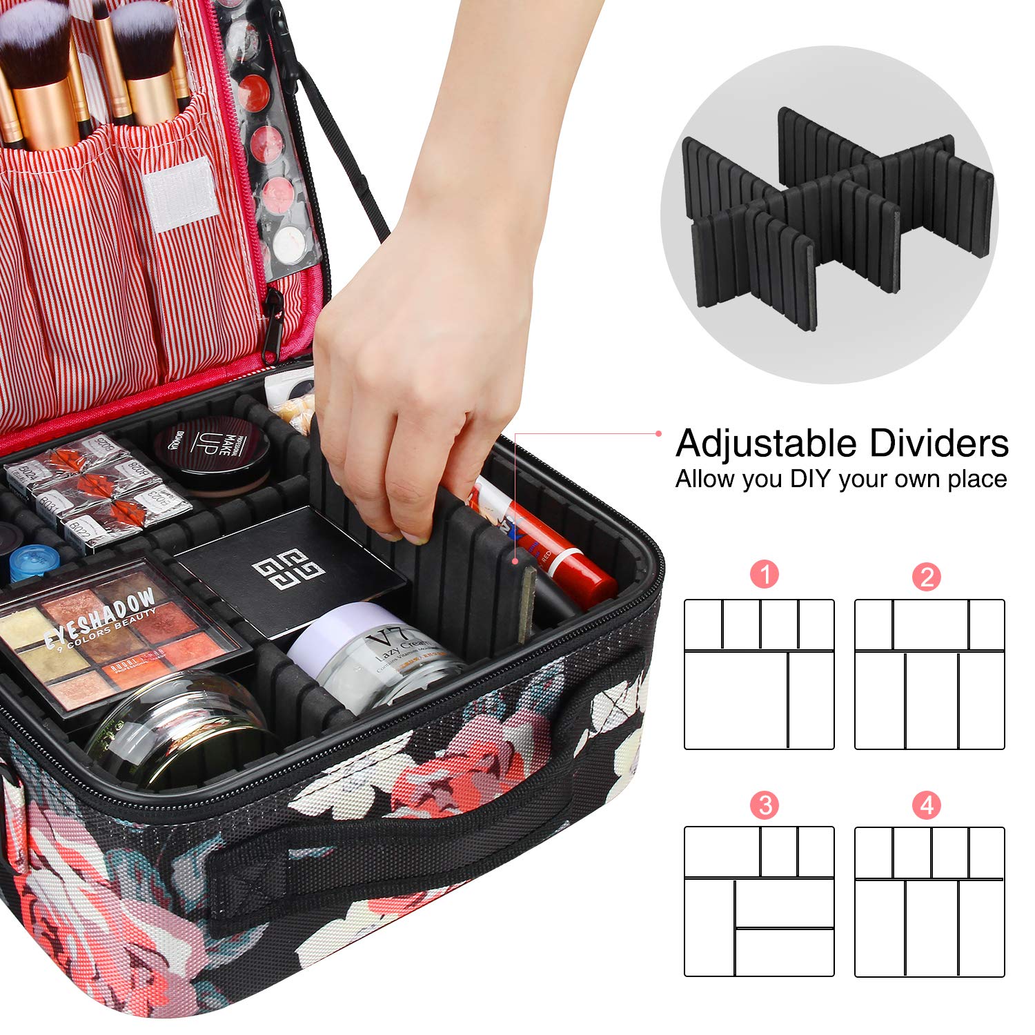 Relavel Travel Makeup Bag 2 Layer Heighten Makeup Train Case Cosmetic Storage and Organizer Box Portable Makeup Carrying Case with Shoulder Strap and Adjustable Dividers (Peony Pattern)
