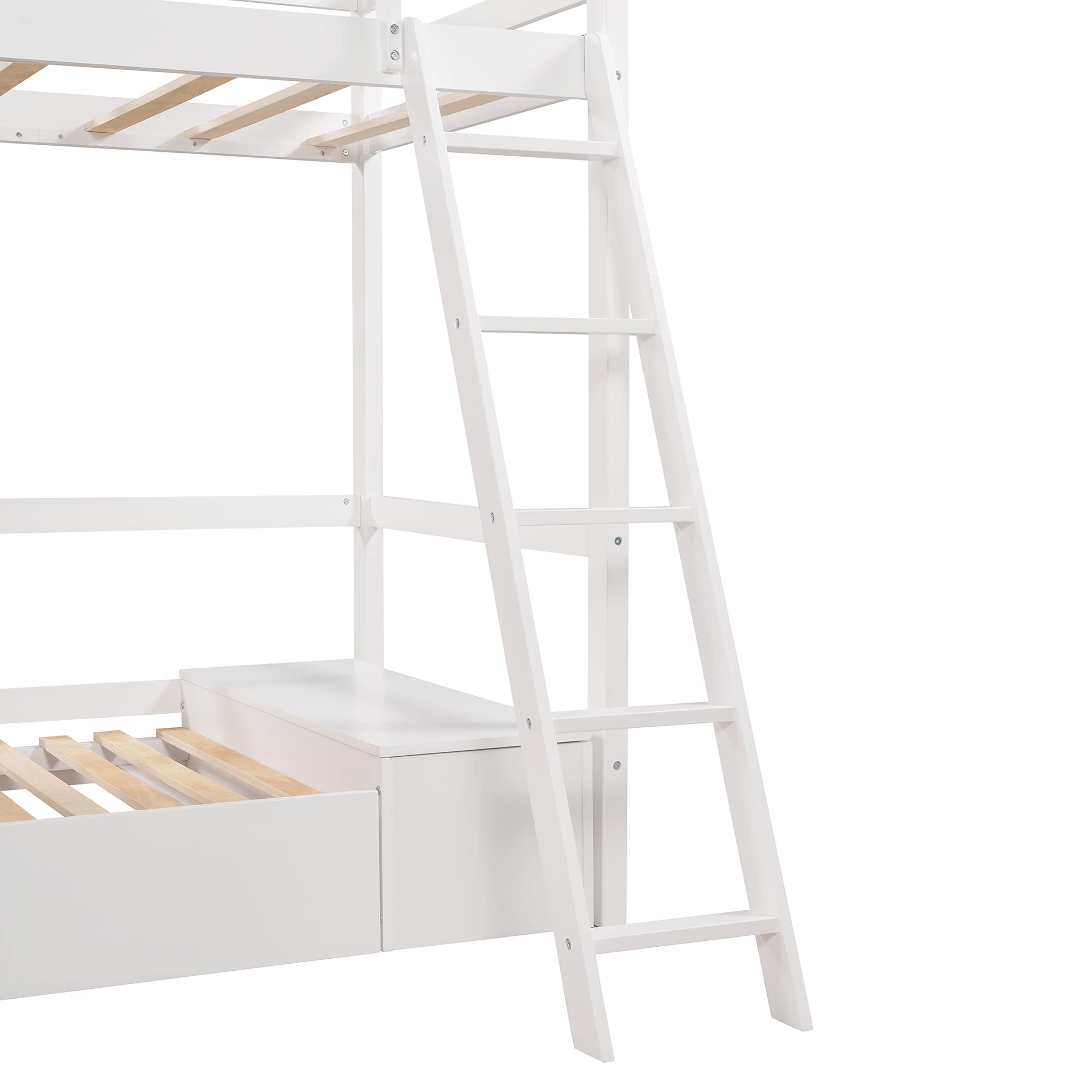 Twin Loft Bed with Storage Shelf Wood Loft Bed Frame with Convertible Lower Bed, Twin Size Loft Bed with Drawer and Ladder, Separated Loft Bed & Twin Platform Bed for Kids Teens Adults (White)