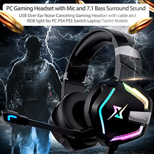 targeal Gaming Headset with Microphone for PC PS5 PS4 Switch Laptop Mac, USB Wired 7.1 Surround Sound Gaming Headphones with Omni-Directional Noise Canceling Mic, RGB LED, without Type C Cable