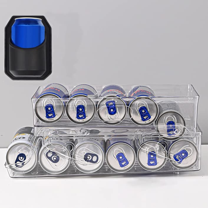 Soda Can Organizer for Refrigerator, 2-Layers Automatic Rolling Beverage Drink Can Storage Organizer, Clear Foldable Beer Pop Can Organizer Dispenser Holder with a Silicone Shower Drink Holder
