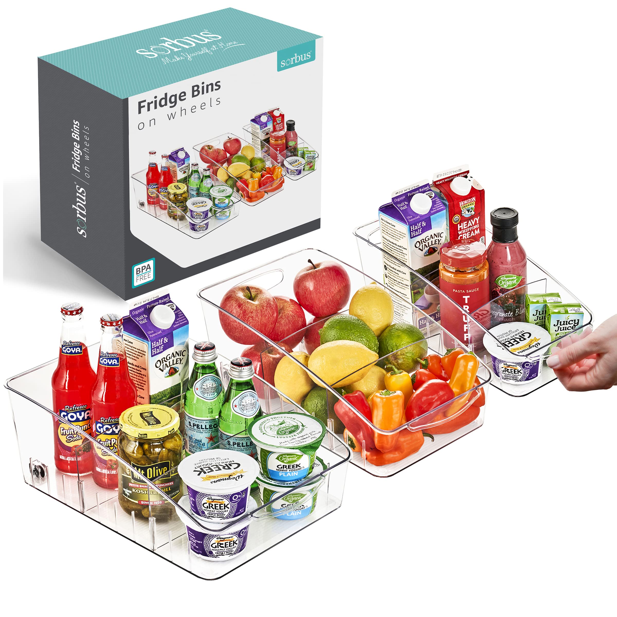 Sorbus Clear Fridge Organizer Bins & Curved Clear Rolling Bins Set - 6 Set with Egg Holder, Can Dispenser, and Varying Sizes - Curved 3 Piece Clear Storage Design with Handles, Dividers, and Wheels