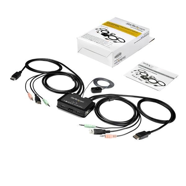 StarTech.com 2 Port DisplayPort KVM Switch - 4K 60Hz - Compact Dual Port UHD DP 1.2 USB Desktop KVM Switch with 4ft Cables & Audio - Bus Powered & Remote Switching - MacBook ThinkPad (SV211DPUA4K)