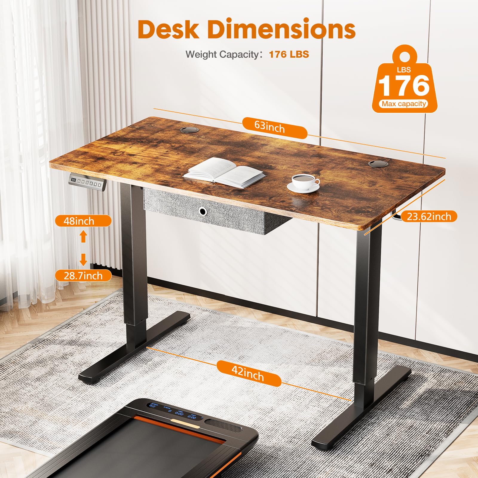 NEWBULIG Electric Height Adjustable Sit Stand Home Office Computer Desks with Drawer, 63 Inch, Rustic Top and Black Frame