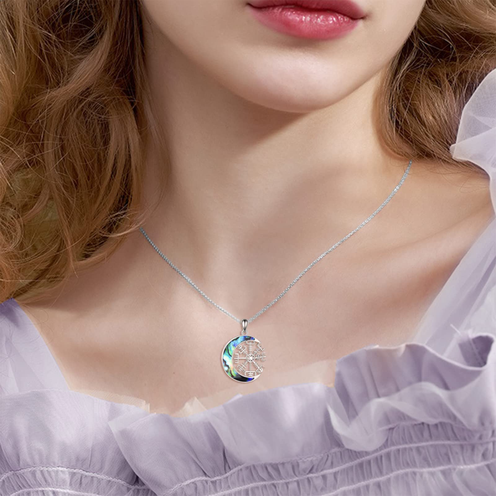 URONE Viking Compass Necklace Sterling Silver Abalone Shell Moon Compass Jewelry for Women Men Norse Vegvisir Pendant Gifts for Nordic Pagan