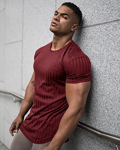 URRU Men's Muscle T Shirts Stretch Short Sleeve Bodybuilding Workout Casual Slim Fit Tee Shirts Wine Red XL