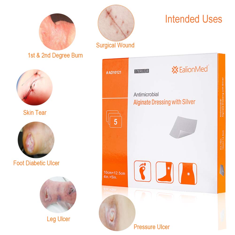 Silver Calcium Alginate Wound Dressing Pad, 4ββx5ββ Patch, High Absorbency Non-Stick Ag Gauze for Pressure Ulcer,Bed Sore,Leg Sore,Diabetic Foot Ulcer, 5 Packs