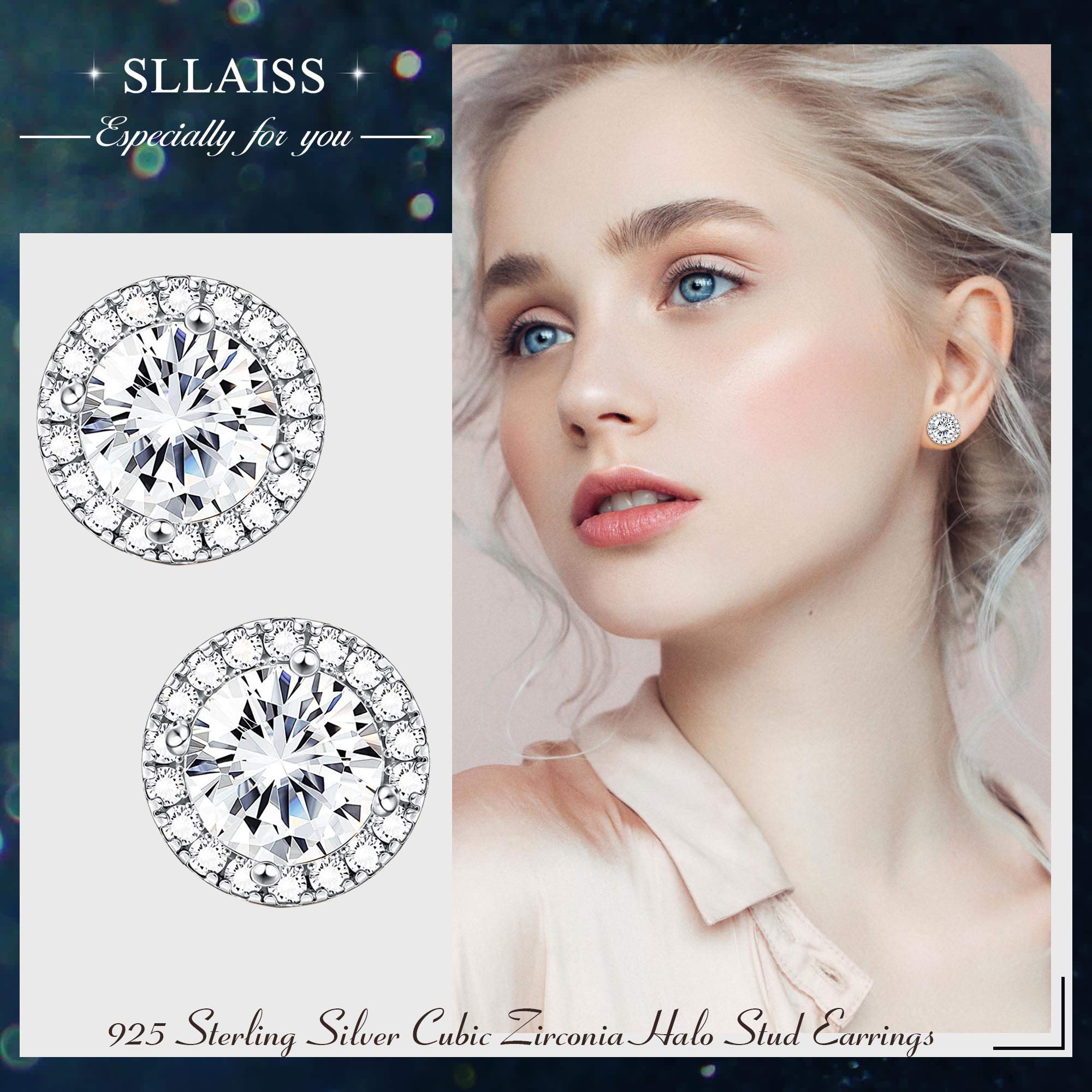 Sllaiss 925 Sterling Silver Cubic Zirconia Halo Stud Earrings for Women Round & Square Cut CZ Earrings Set
