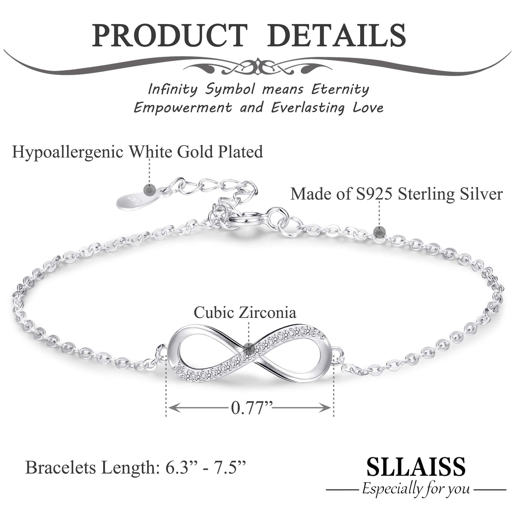 Sllaiss 925 Sterling Silver Infinity Love Bracelet for Women Infinity Endless Love Symbol Charm Adjustable Bracelet White Gold Plated