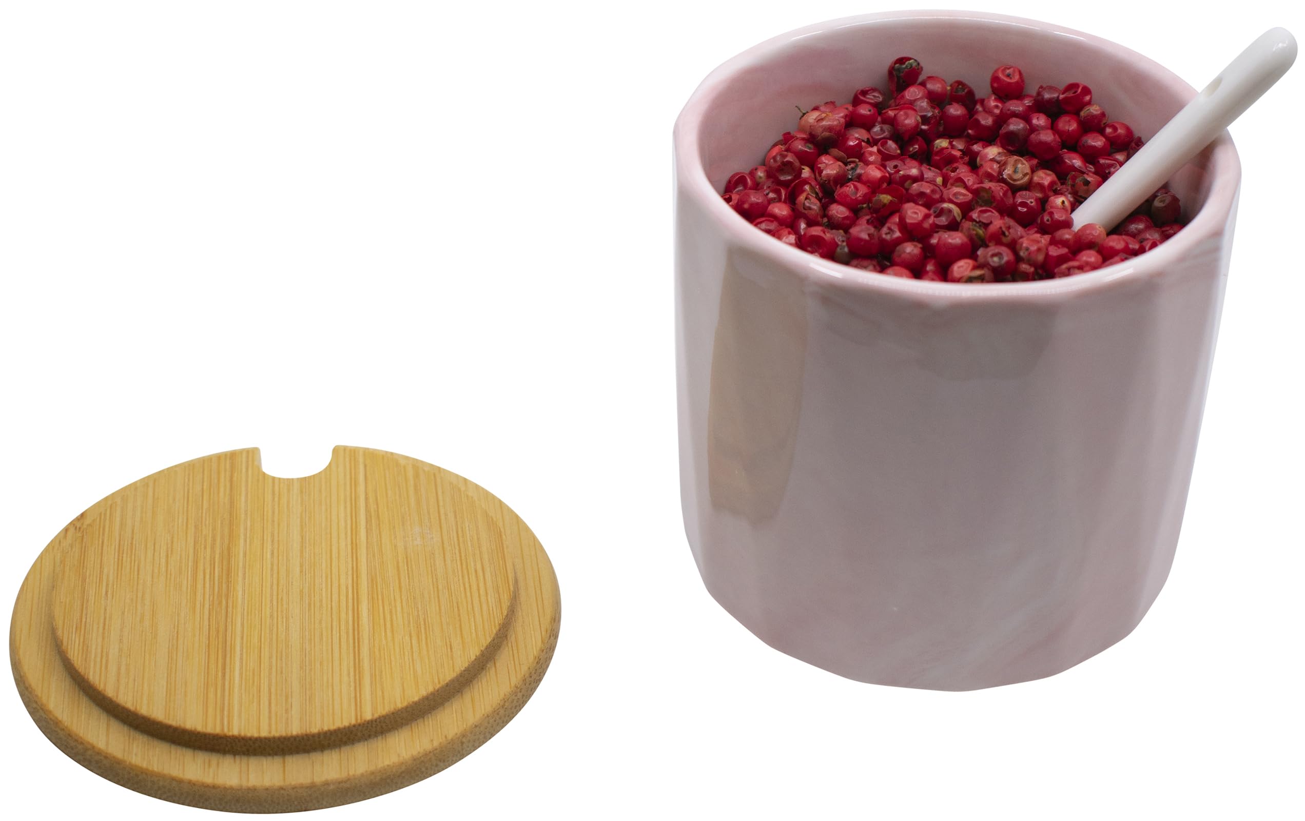 Stephanie Imports Set of 6 Tiered Marble Ceramic Condiment Spice Jars & Drawers With Spoons, Bamboo Lids and Rack (Pink)