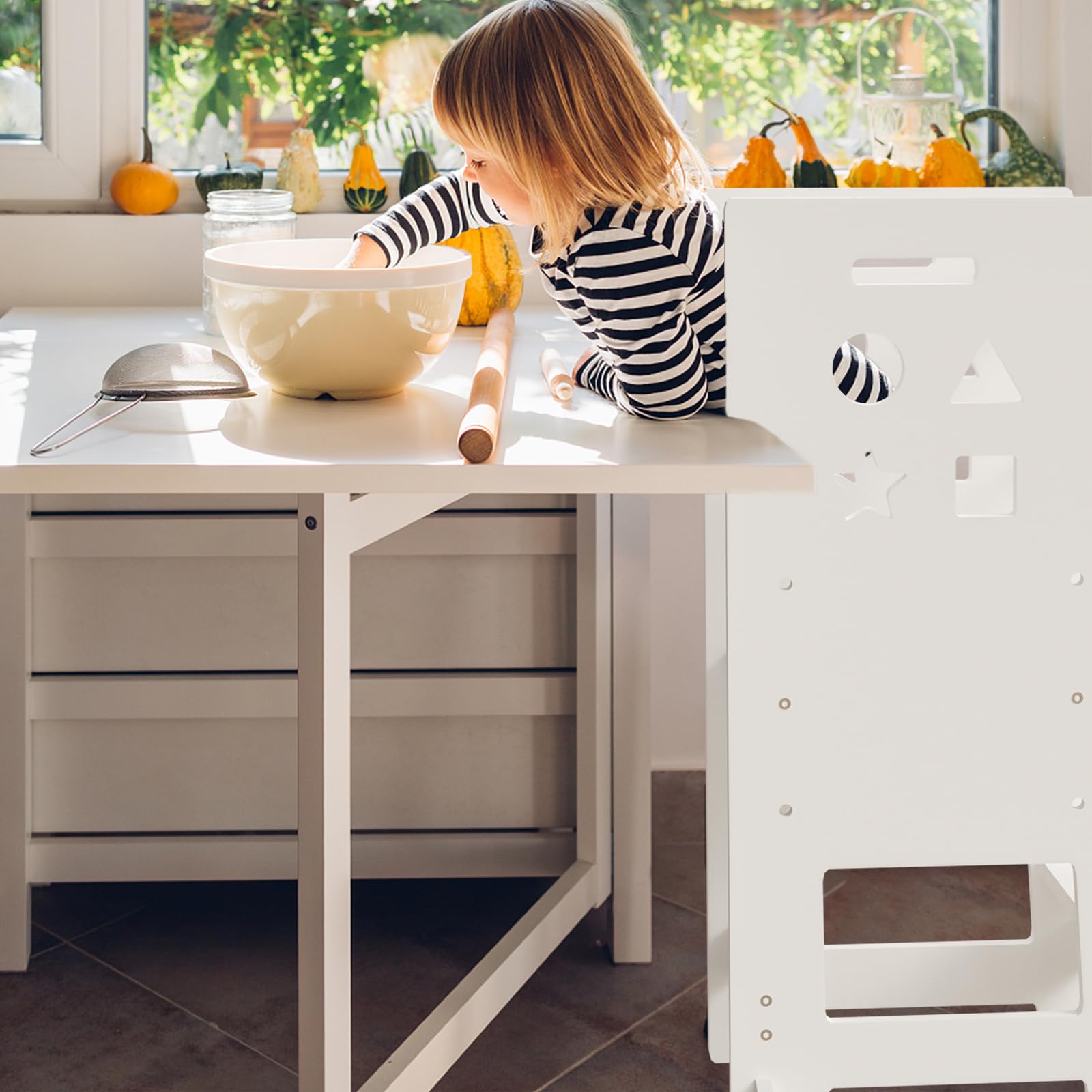 Toddler Kitchen Stool Helper, Kitchen Step Stool for Kids with Safe Rail, Baby Adjustable Learning Standing Tower for Kitchen Counter & Bathroom Sink(White)