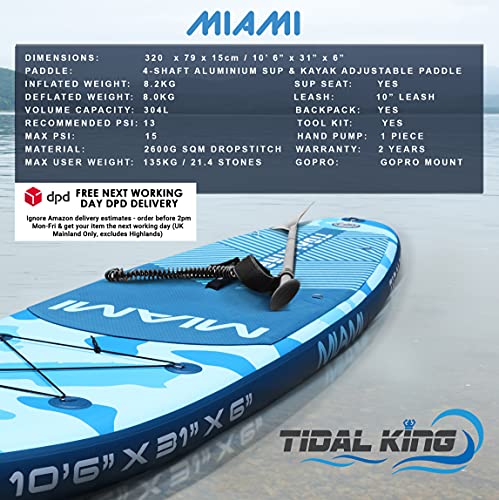 Tidal King Miami 10' 6" Stand Up Paddle Board ISUP - with Adjustable Paddle, Top Accessories - Pump, Leash & Backpack - Standard SUP or Kayak Kit Options (SUP/Kayak)