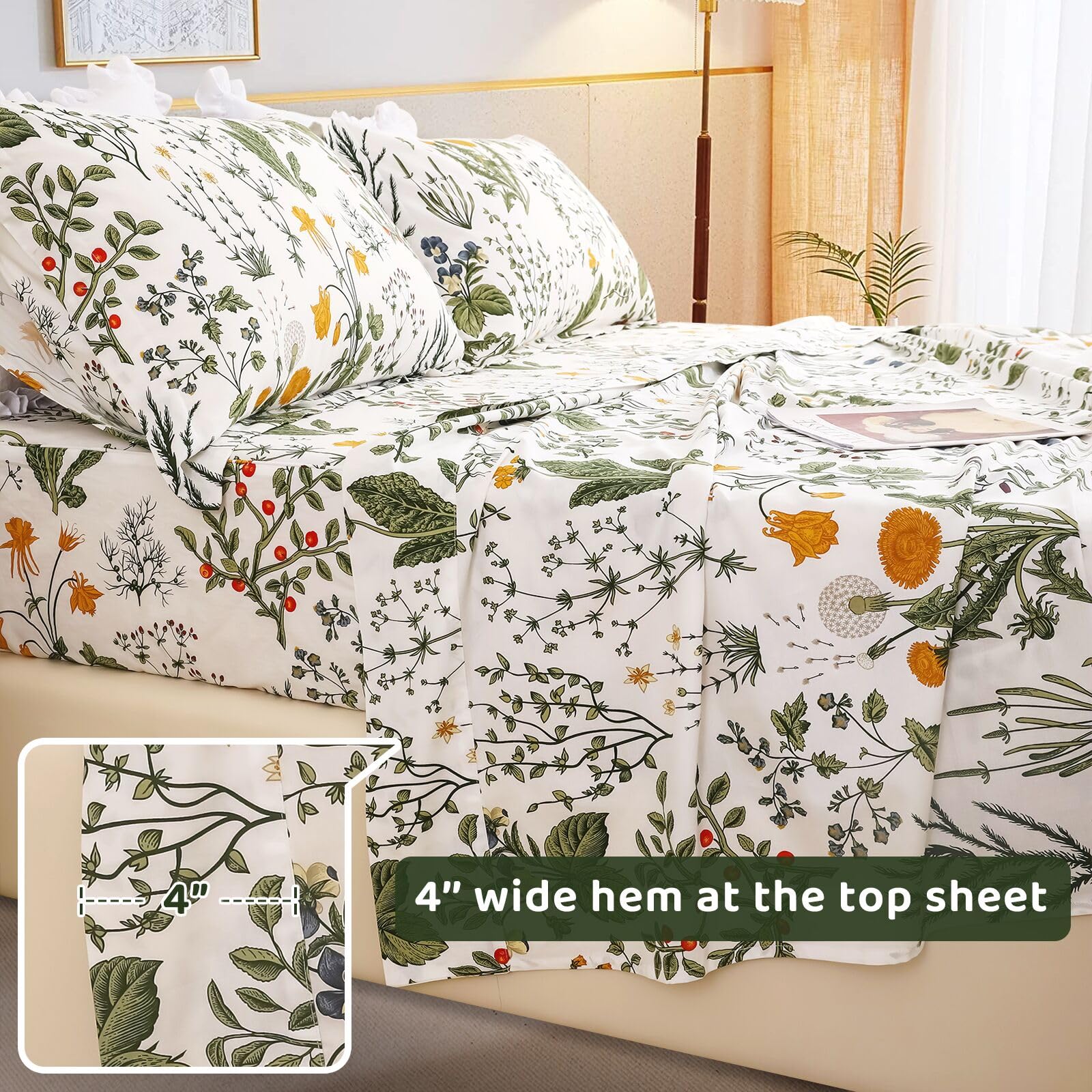 QSH 100% Cotton Sheets for Queen Size Bed, Yellow Flowers Plant Pattern Botanical Luxury Cotton Printed Floral Bedding Sheets Queen Soft and Breathable 4pcs Deep Pocket Queen Sheet Set
