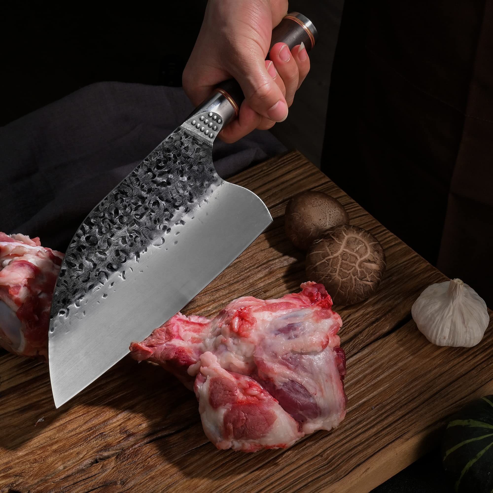 Promithi Japanese High Carbon Steel Forging Handmade Kitchen Chef Knife with Sheath, Used for Cleaver Butcher Chopper Boning, Documas Plaid,Wooden Handle (brown)