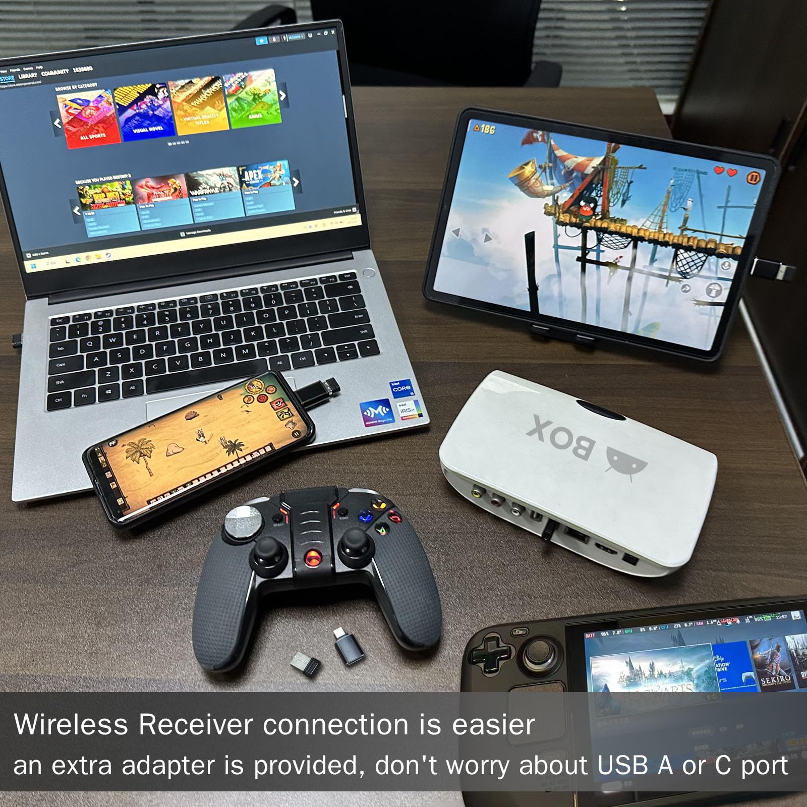 Wuzcon Wireless Controller for iOS, Android, Switch, PC, TV Box, Tesla, Apple Arcade MFi & Cloud Gaming. with Bluetooth/Phone Clip/2.4G Receiver/USB-C Adapter/Turbo/Vibration/6-Axis Gyro/Extra Dpad