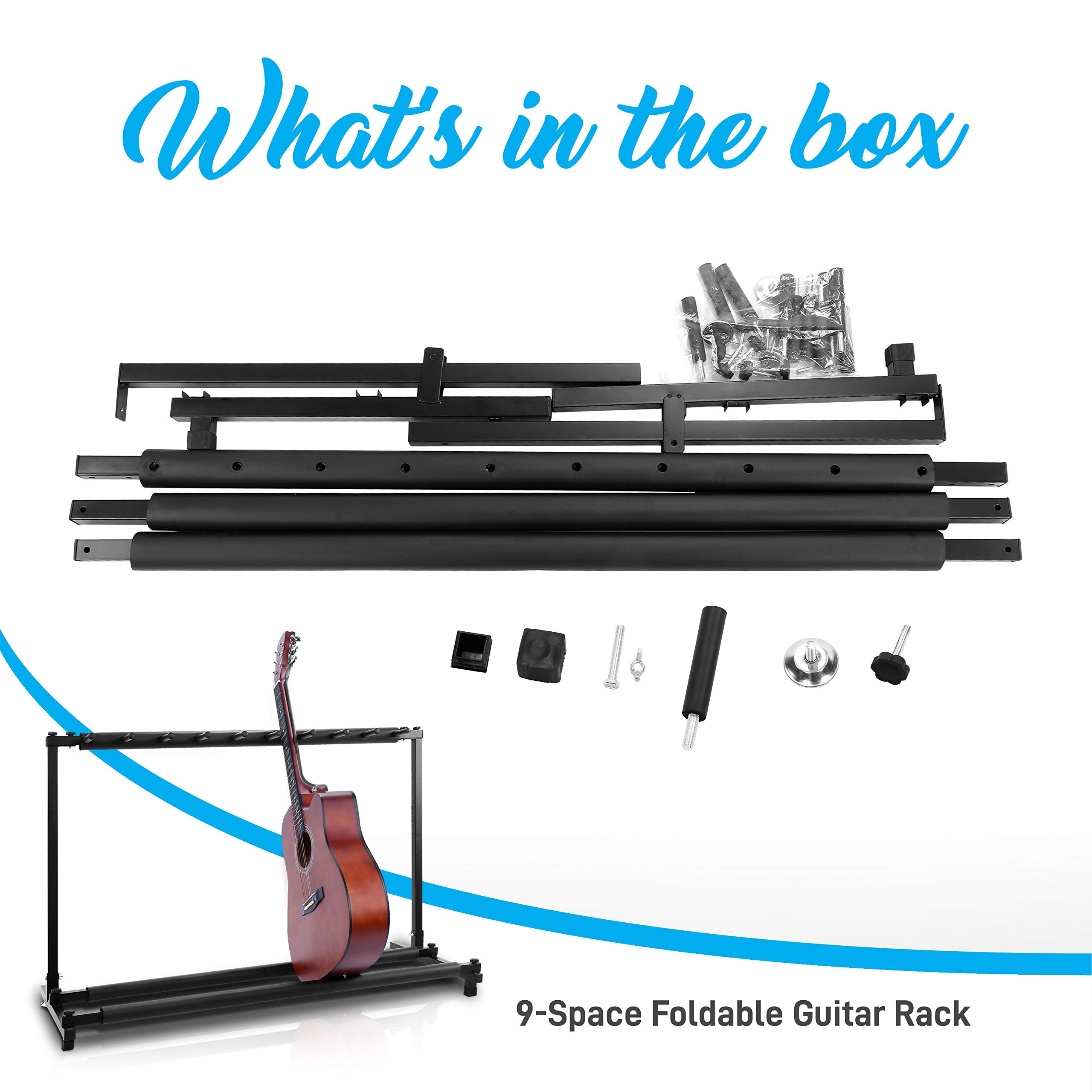 Pyle 9-Space Foldable Universal Multi Guitar Stand - Guitar Stand Portable Collapsible Instrument Floor Guitar Rack Holder w/ Foam Padding - For Acoustic, Electric, Bass Guitar & Guitar Bag / Case