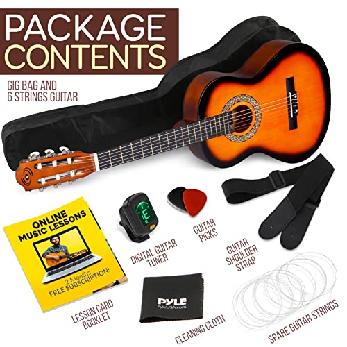 Pyle Beginner Acoustic Guitar Kit, 3/4 Junior Size All Wood Instrument for Kids, Adults, 36" Sun Burst