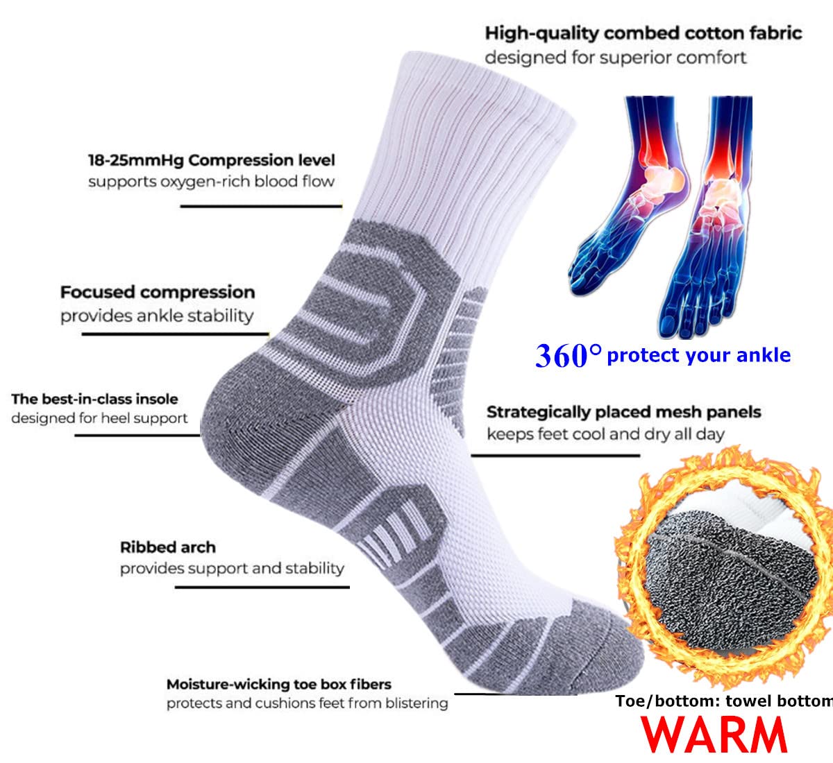 WIFFGO Athletic Cushioned Socks For Men Sports Wicking Running Compression Workout Size 6-14 Outdoor Mens Crew Socks
