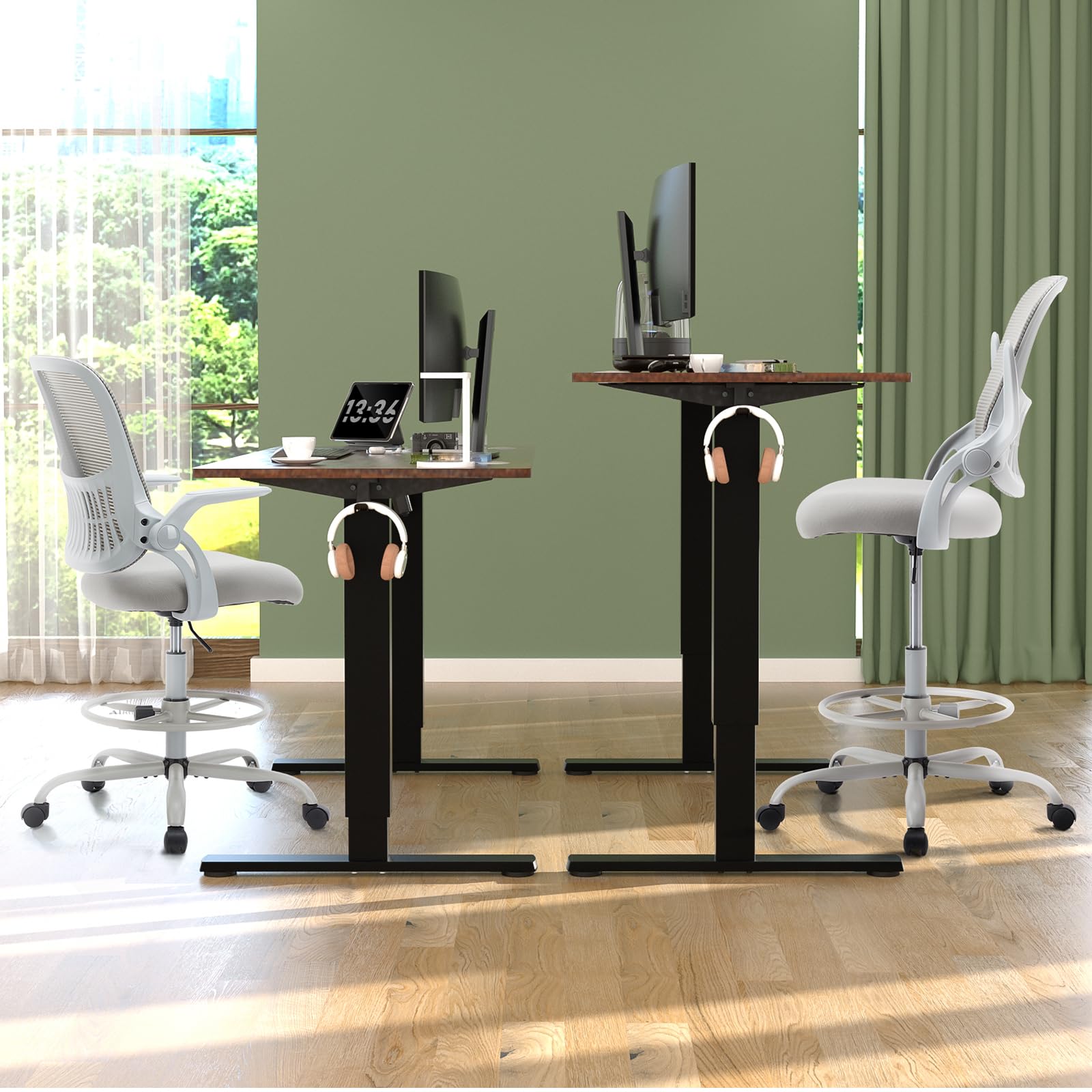 SMUG Drafting Chair, Tall Office Chair Tall Standing Desk Chair Counter Height Adjustable Office Chair with Flip-up Arms, Mid Back Mesh Office Drafting Chairs, Grey