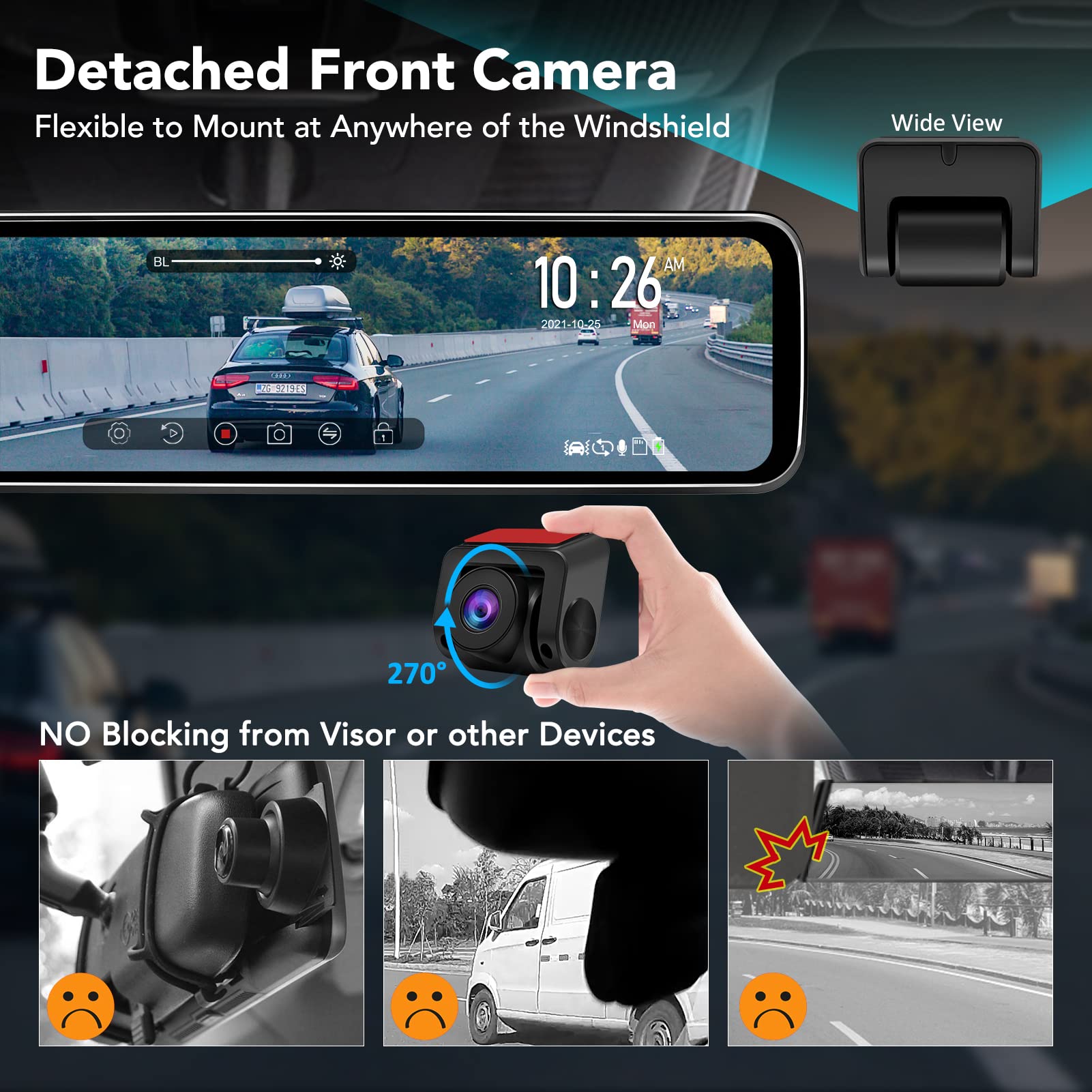 URVOLAX Mirror Dash Cam Backup Camera,11''Rear View Mirror Camera with Detached Front and Rear Cam for Car,Anti Glare Full HD Split Screen 1296P,Night Vision,Parking Assist,GPS,SD Card