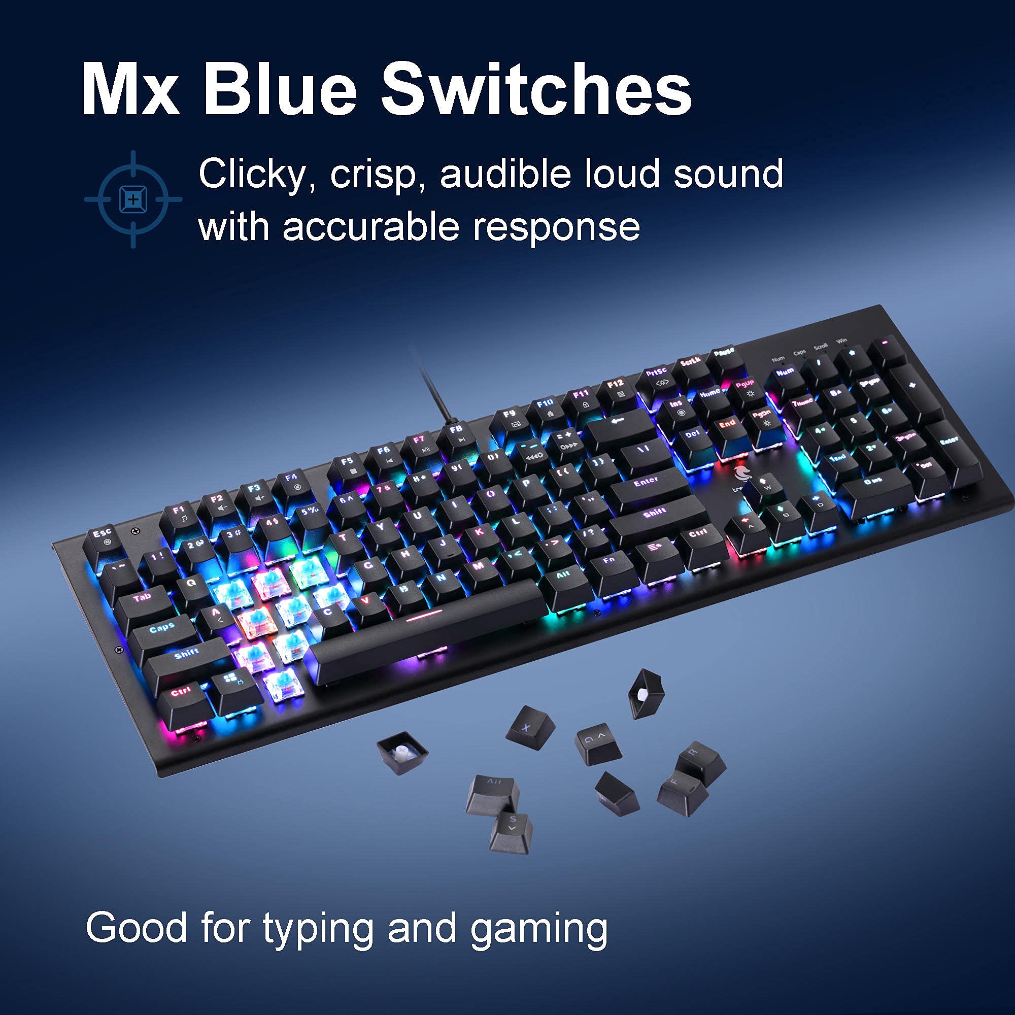 Trendy Wag Mechanical Gaming Keyboard Wired RGB Backlight Aluminum Base 104 Anti-Ghost Keys Blue Switches Multimedia Macros for Mac & Windows - Full Size