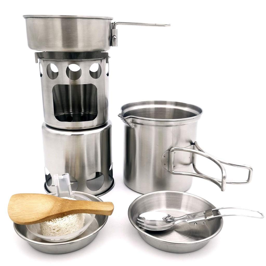 YFDM Camping Pot Set Foldable Handle Camping Pans Wood Stove Stainless Steel Cook Kit Cookware Hiking Outdoor Picnic