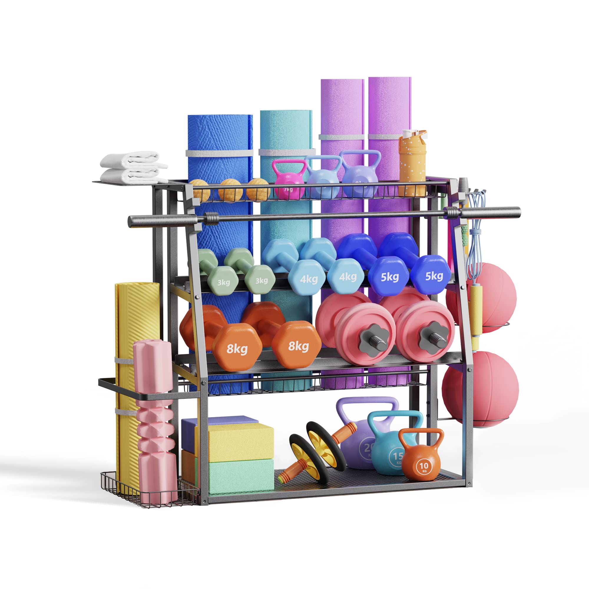 TIL Weight Rack for Dumbbells, Dumbbell Rack Weight Stand, Home Gym Storage for Dumbbells Kettlebells Yoga Mat and Balls, All in One Workout Storage, Workout Equipment Storage Rack with Hooks