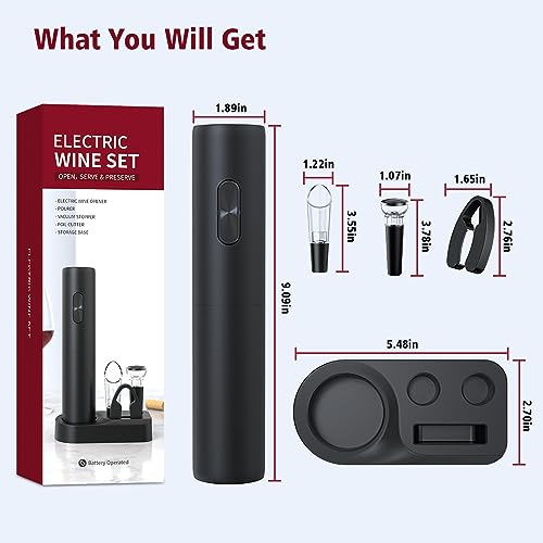 RUIVOKUR Electric Wine Opener Set, Battery Operated Wine Bottle Opener, Automatic Corkscrew Wine Opener with Foil Cutter, Vacuum Stopper, Aerator Pourer, Storage Base, Wine Opener Gift Set
