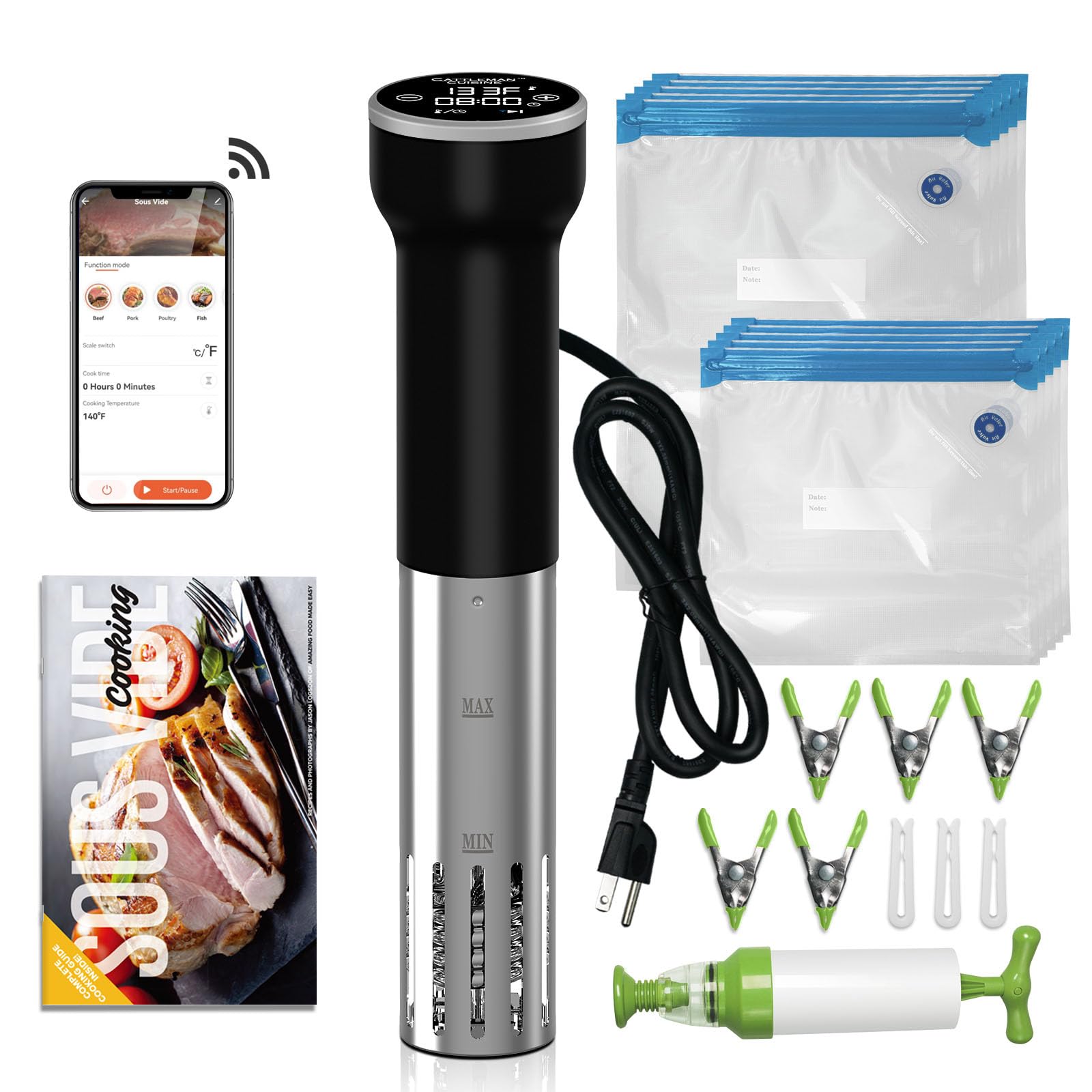 Sous Vide Machine Wi-Fi, Immersion Circulator Precise Cooker, Sous Vide Kit with 30 Vacuum Seal Bags, Vacuum Pump, Cookbook, Accurate Temperature & Timer, 1000W, IPX7 Waterproof, Cattleman Cuisine