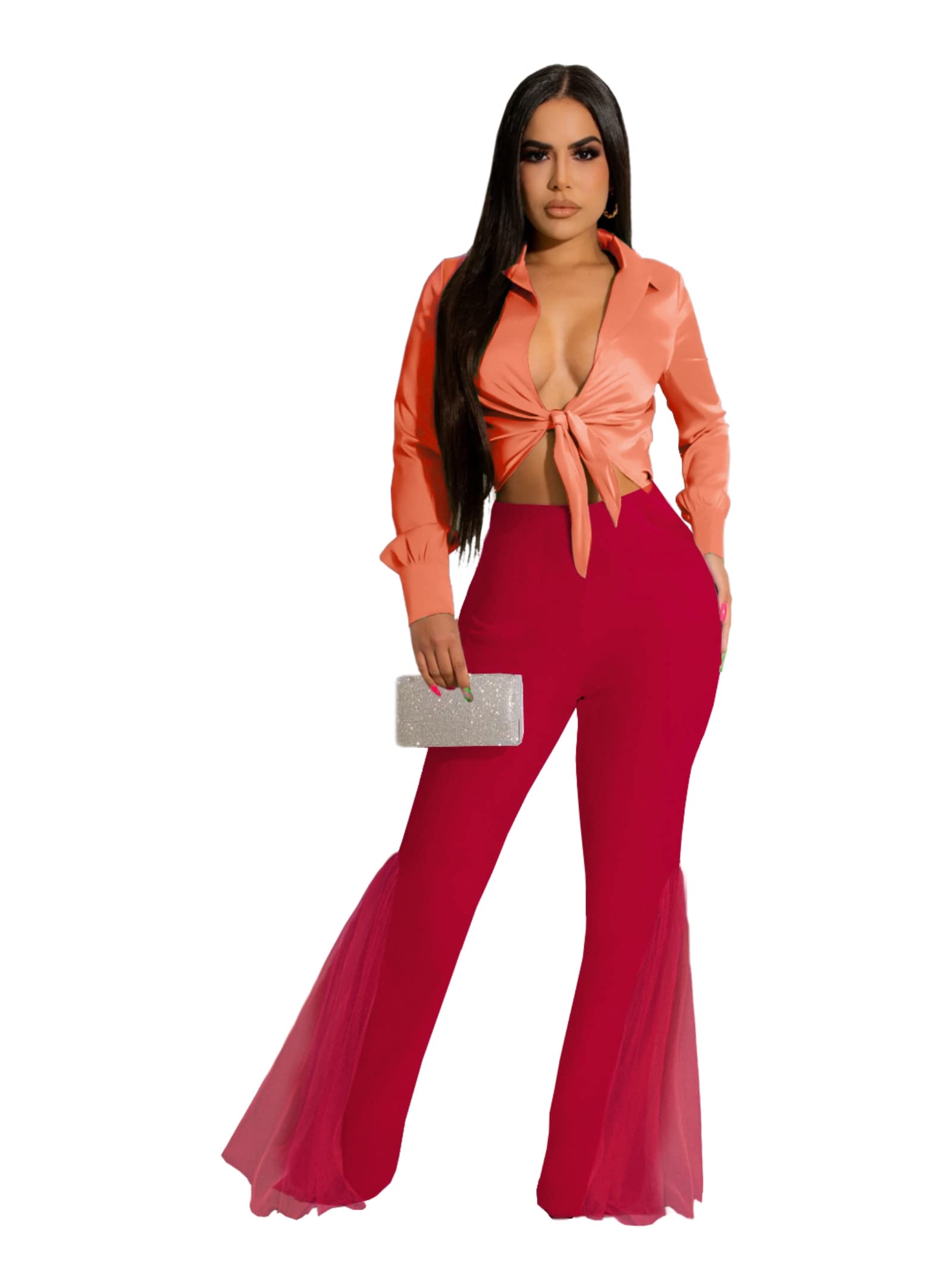 ThusFar Wide Leg Pants for Women High Waist Solid Stretchy Bell Bottom Flare Pants Mesh Yoga Pants